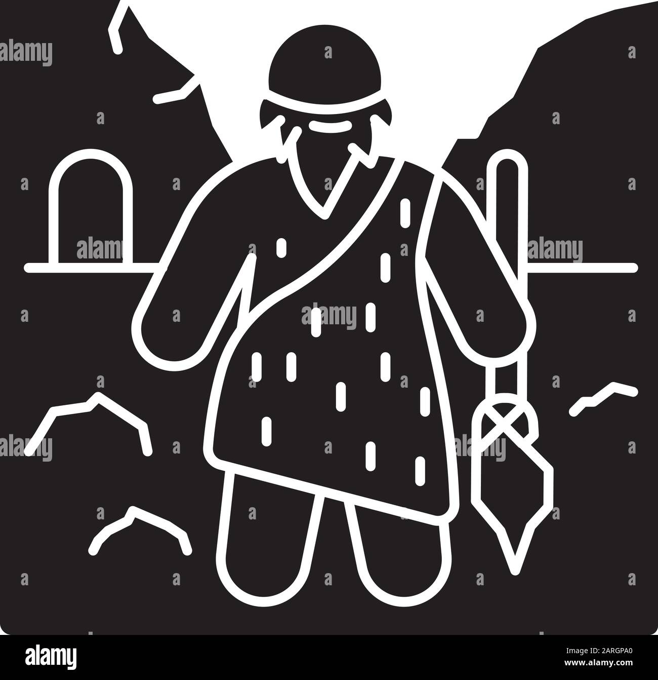 Caveman glyph icon. Prehistoric man with beard. Primeval hunter with ...