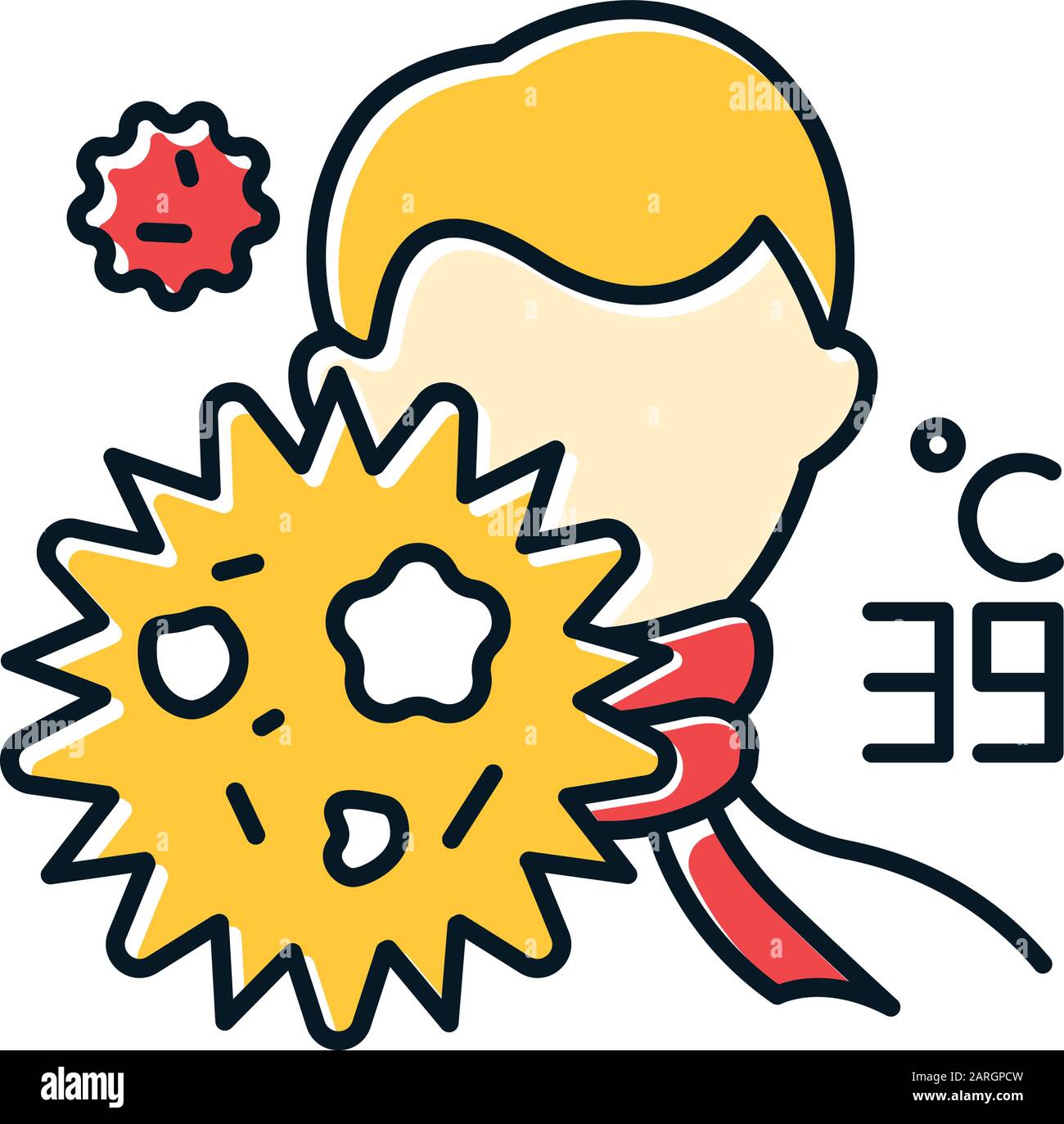 Influenza virus color icon. High temperature. Man with fever. Common ...