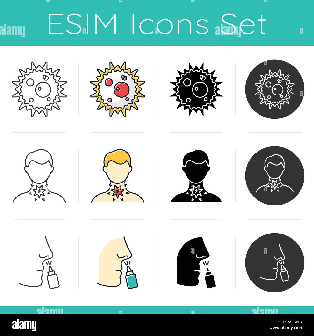 Common cold icons set. Influenza virus outbreak. Sore throat. Nose drip ...