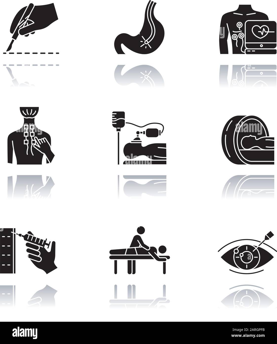 Medical procedure drop shadow black glyph icons set. Surgery. Endoscopy ...