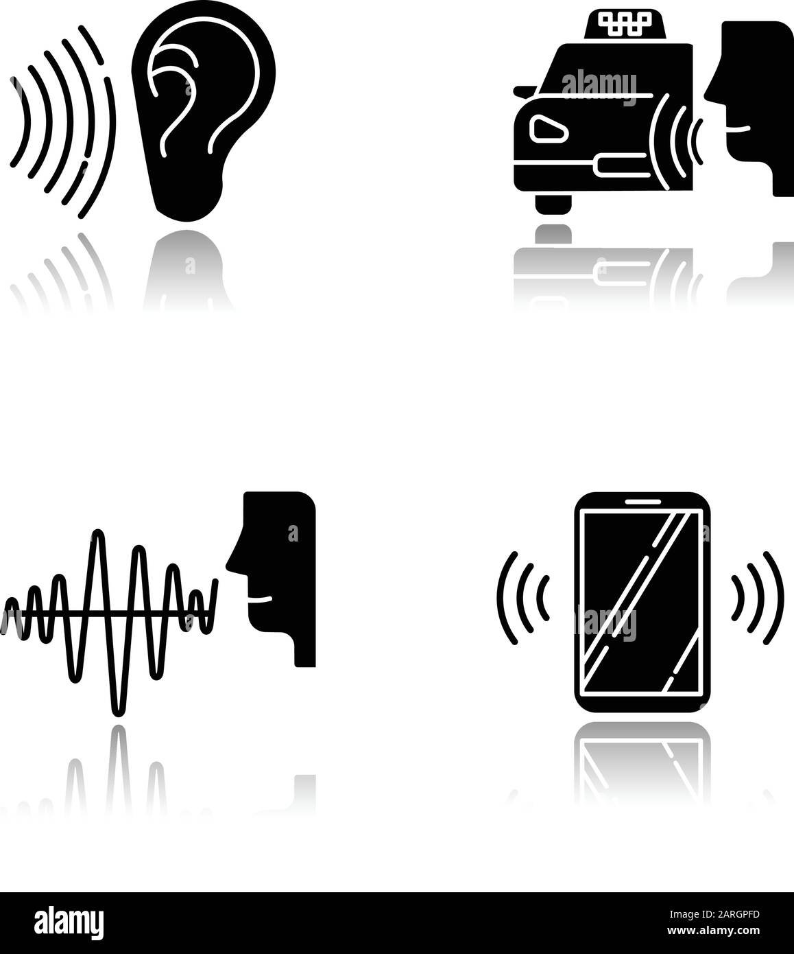 Speech recognizing drop shadow black glyph icons set. Voice control ...