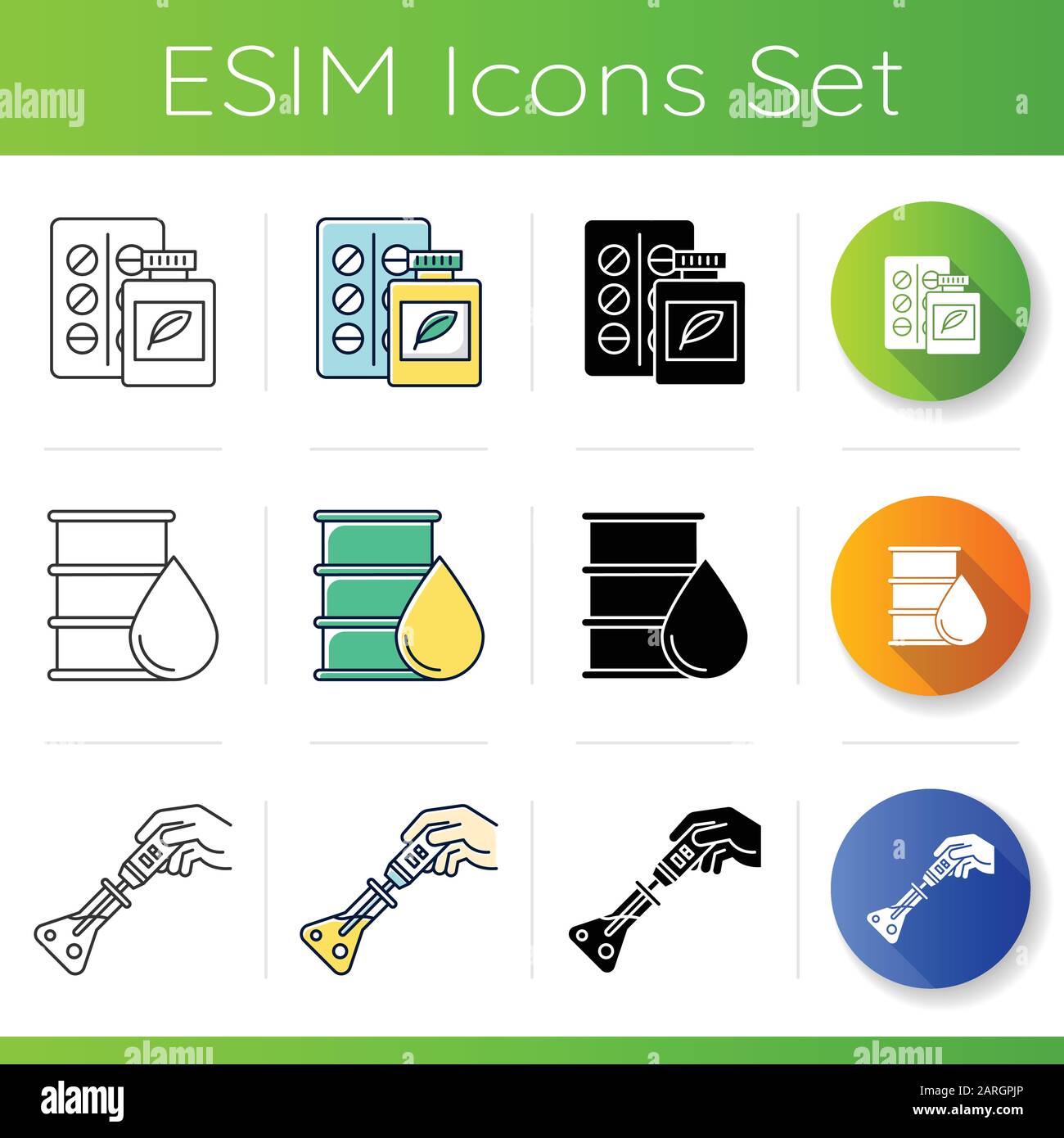 Science products icons set. Fuel and herbal pills. Chemical synthesis ...
