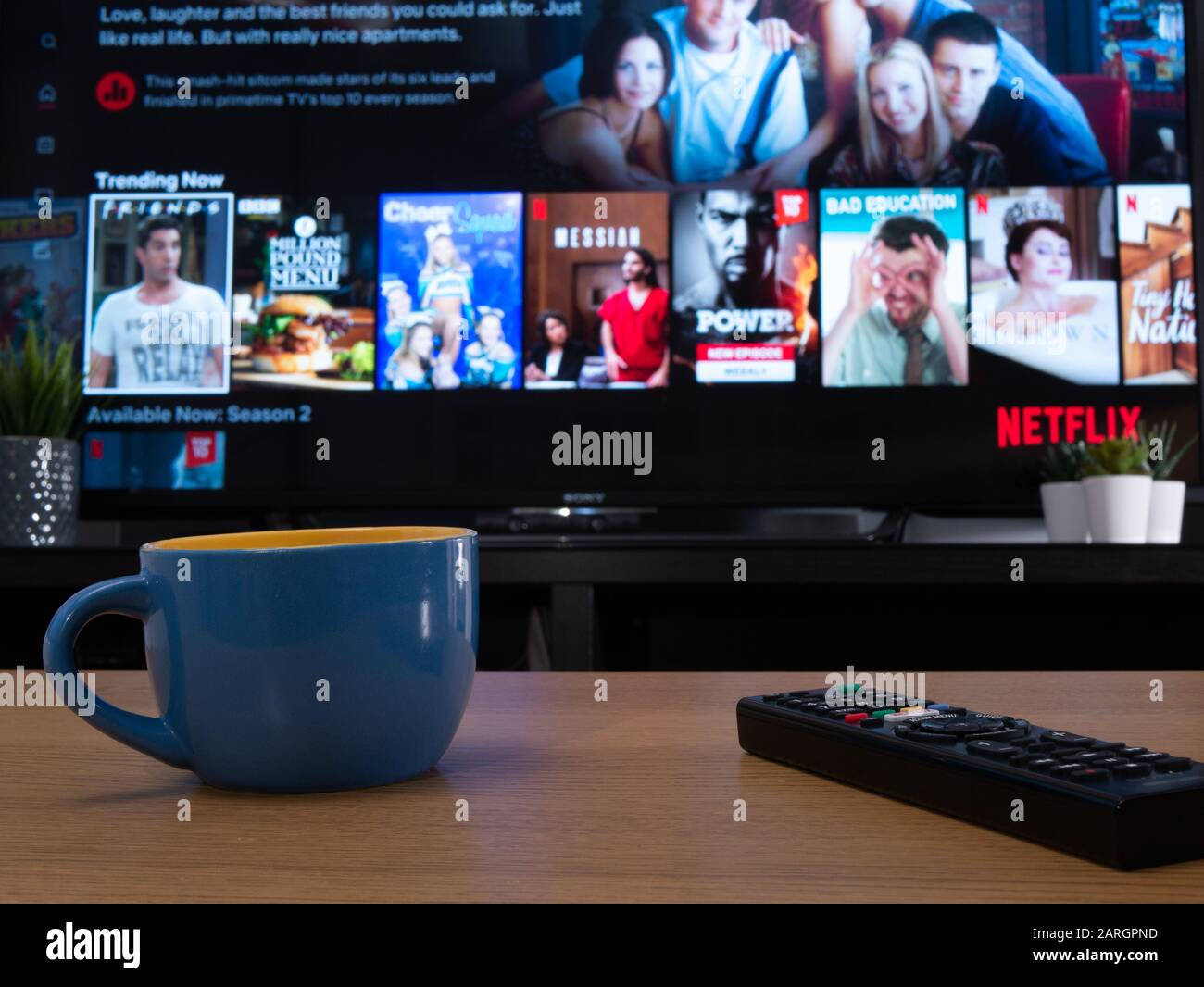 UK, Jan 2020: Netflix trending now menu displayed on television set in ...