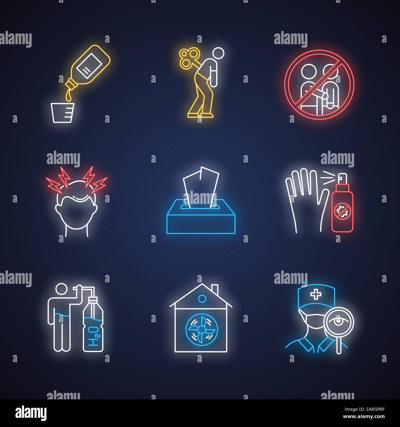 Common cold neon light icons set. Fatigue. Avoid contact. Headache ...