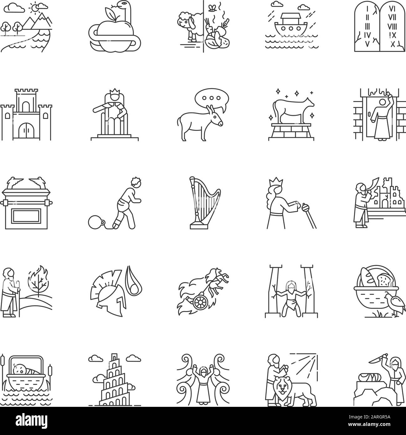 Bible narratives linear icons set. Noah Ark, Babel tower. Moses, God ...