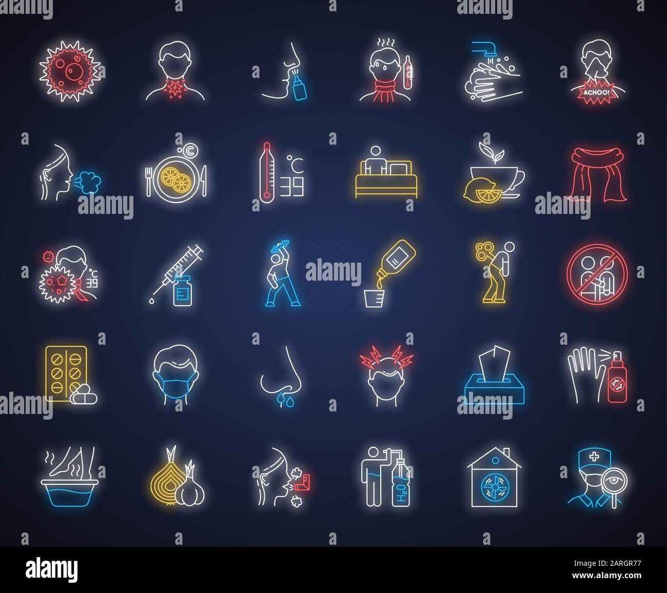 Common cold neon light icons set. Influenza virus treatment. Flu ... Common cold neon light icons set. Influenza virus treatment. Flu ...