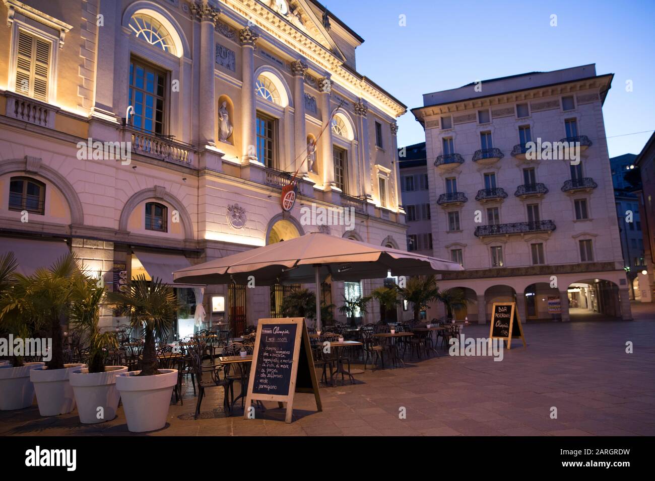 A bar and city hall in downtown, Lugano, Switzerland, Europe Stock ...