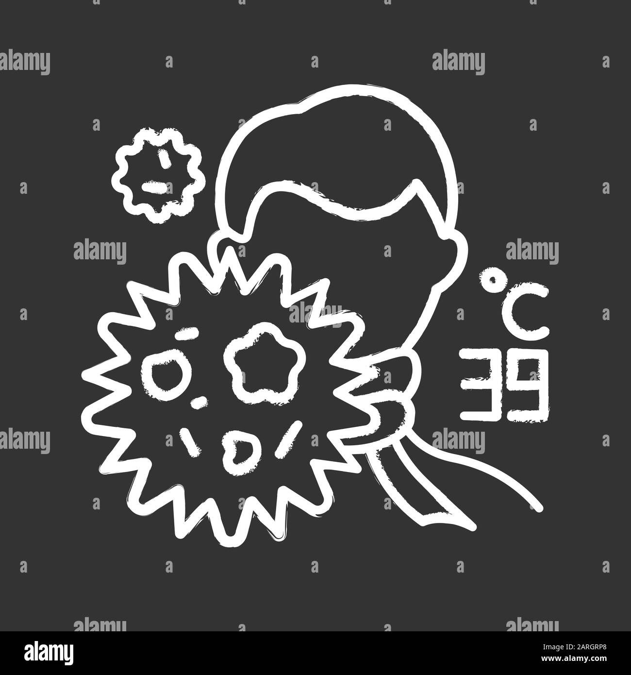 Influenza virus chalk icon. High temperature. Man with fever. Common ...
