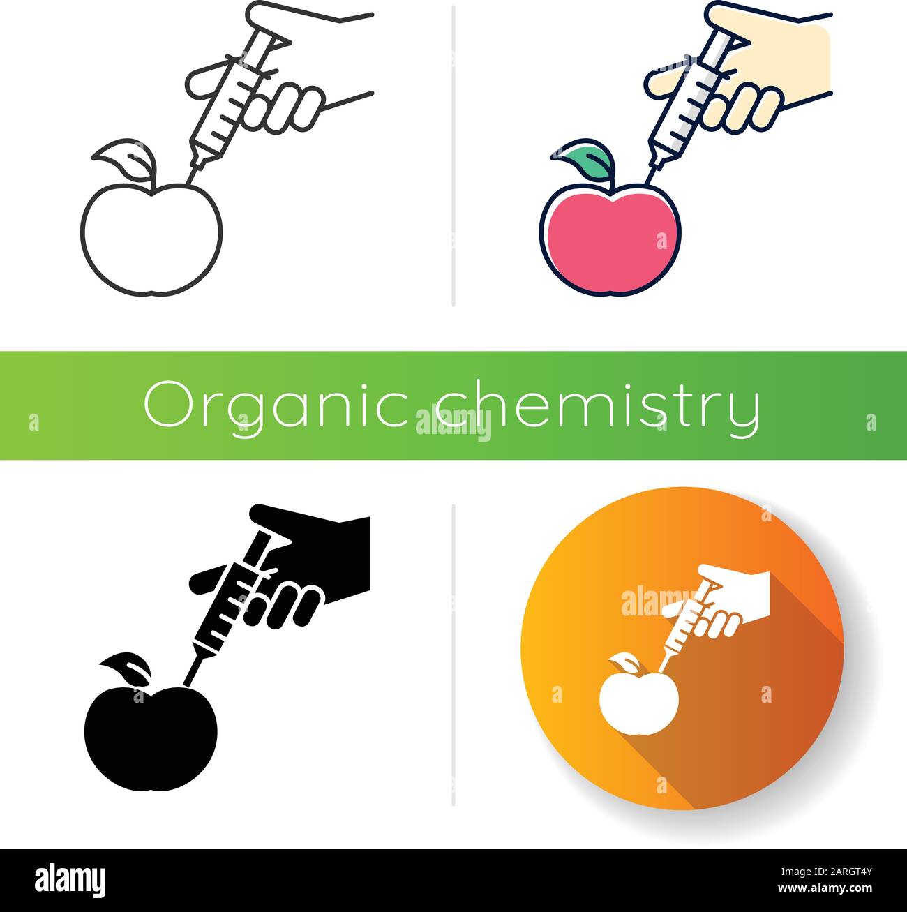 Red apple with syringe icon. Genetically modified food. Organic ...