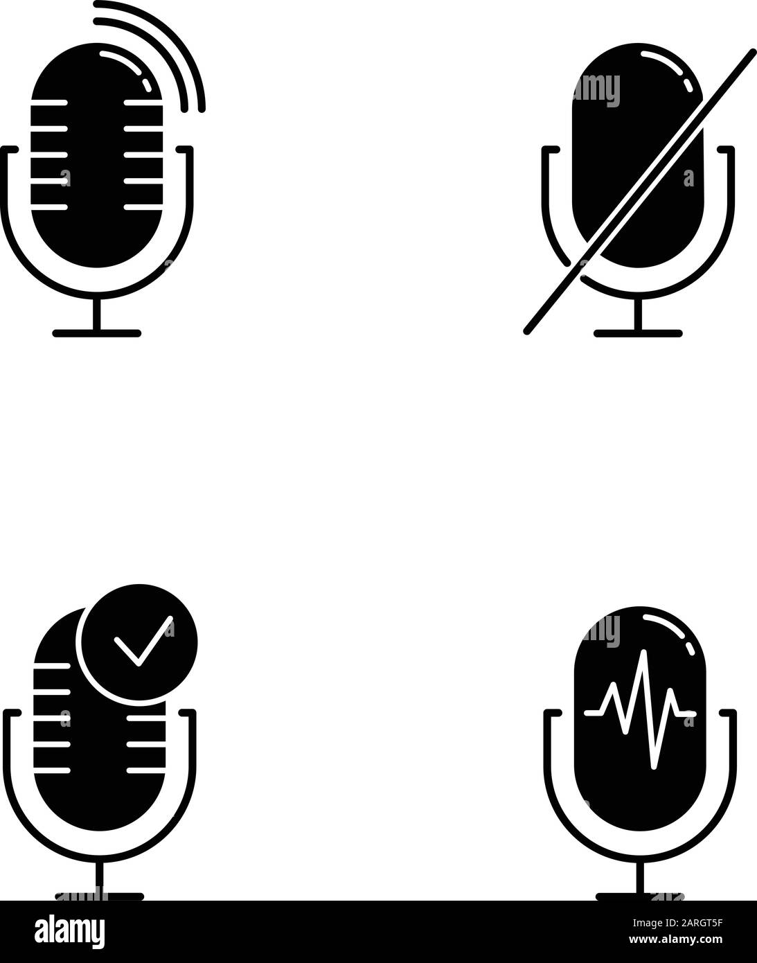 Microphone using modes glyph icons set. Voice control. Sound recorder ...