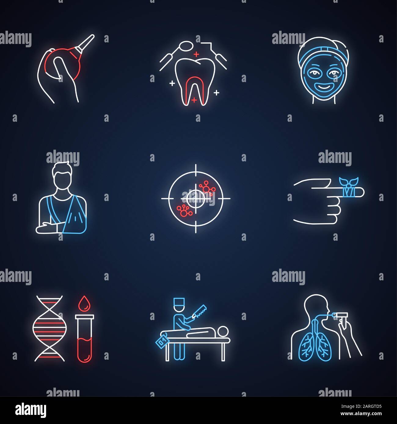 Medical procedure neon light icons set. Healthcare. Orthopedic cast ...