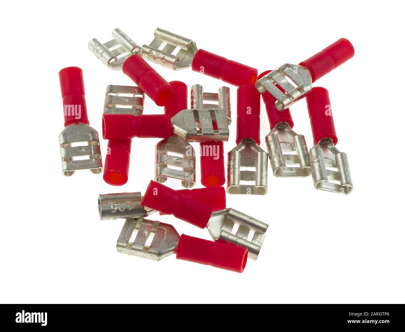 Quick release crimp receptacle terminals, insulated, red, isolated on ...