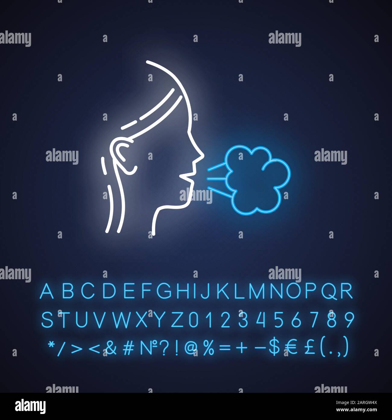 Girl cough neon light icon. Common cold. Influenza virus. Flu symptom ...