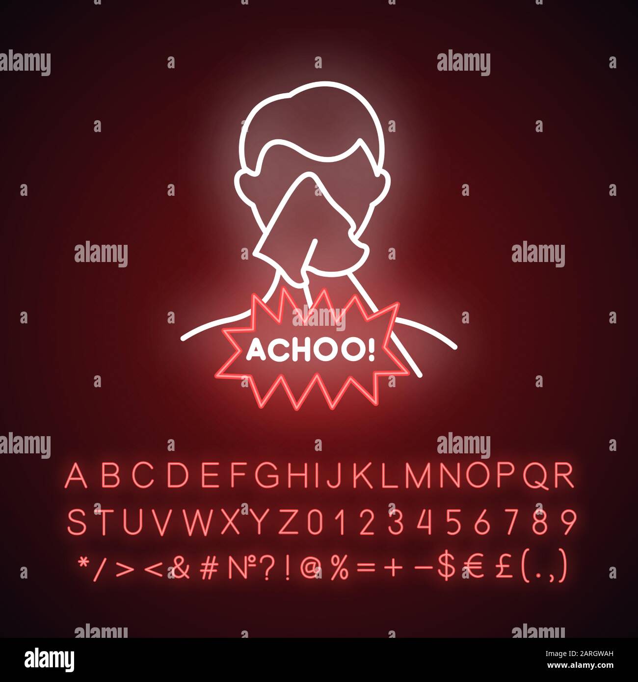 Cough neon light icon. Sick man with tissue. Sickness symptom. Common ...