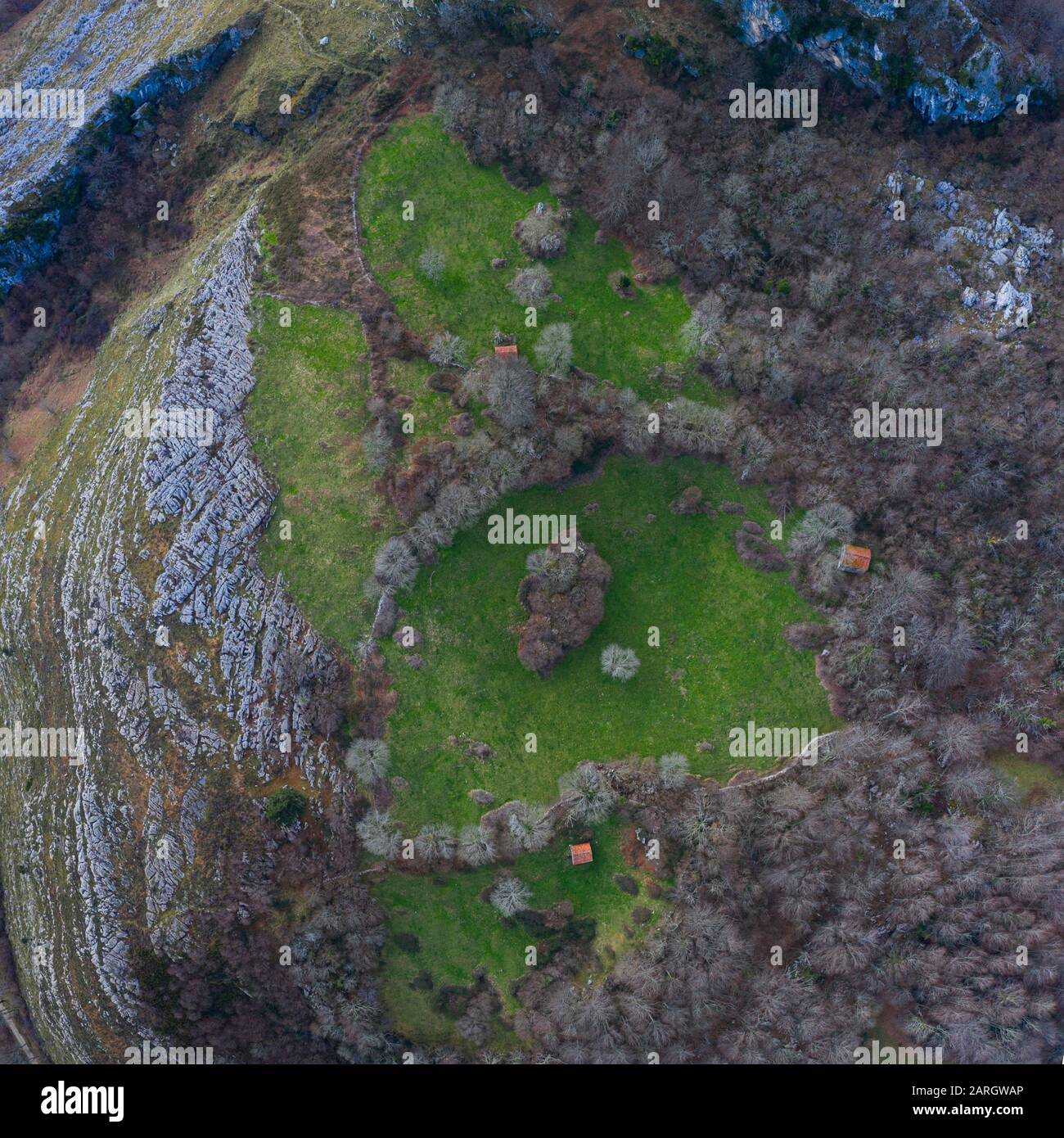 Agricultural landscape in La Maza, Aerial view of the Miera River ...