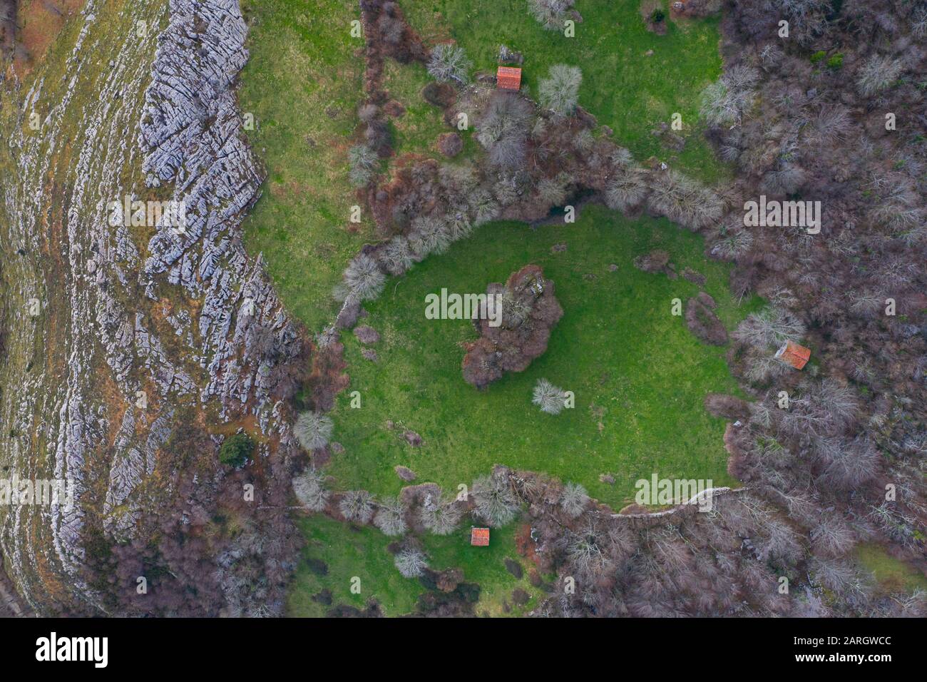 Agricultural landscape in La Maza, Aerial view of the Miera River ...