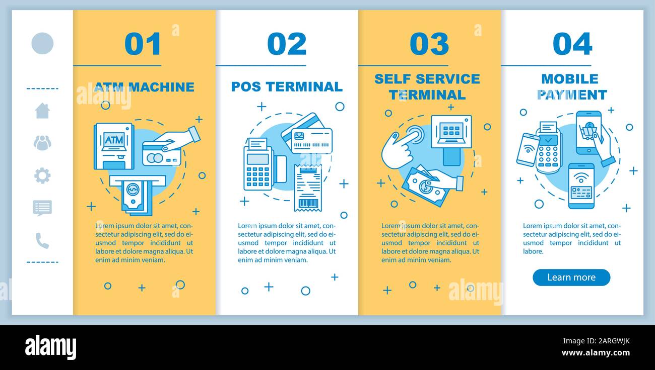 Payment onboarding mobile web pages vector template. Self-service terminal. Responsive ...