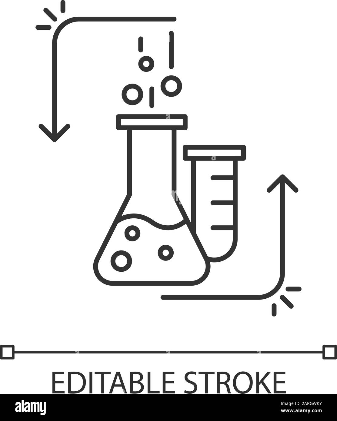 Chemical reaction in lab flask linear icon. Organic chemistry ...