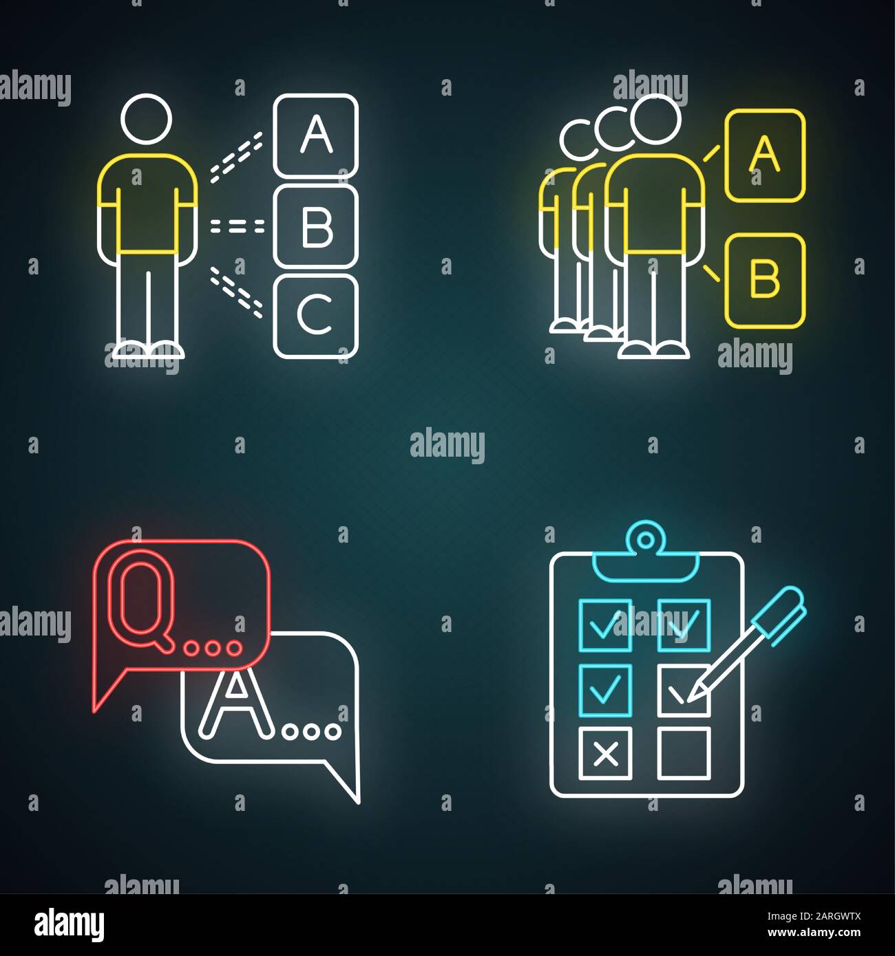 Survey neon light icons set. Personal questioning. Social opinion ...
