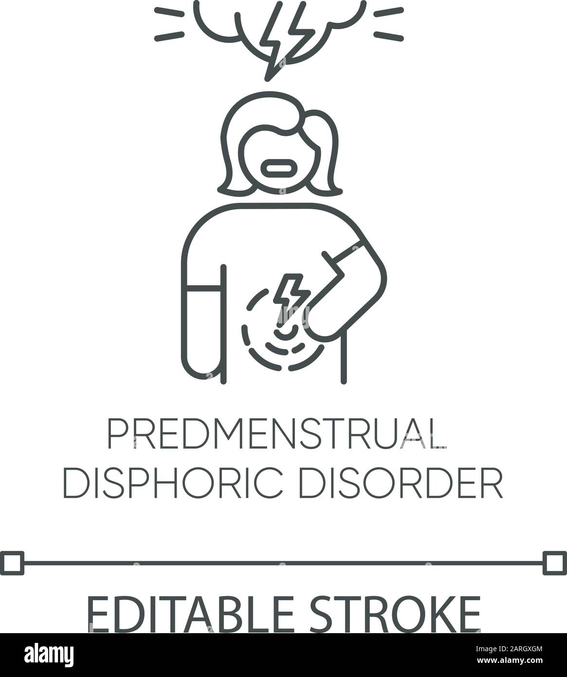 Predmenstrual dysphoric disorder linear icon. Menstrual cramp. PMS ...