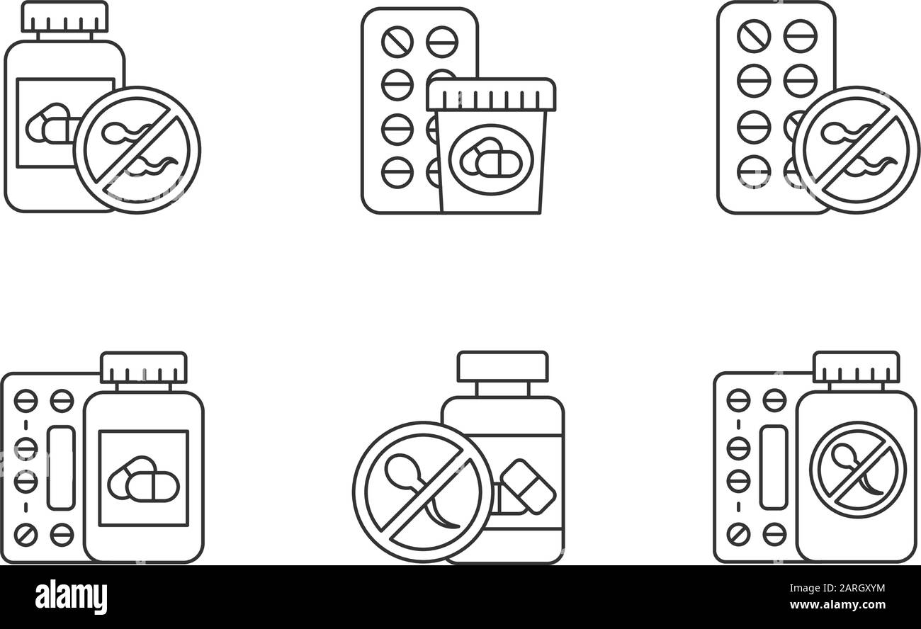 Birth control linear icons set. Unwanted pregnancy prevention ...