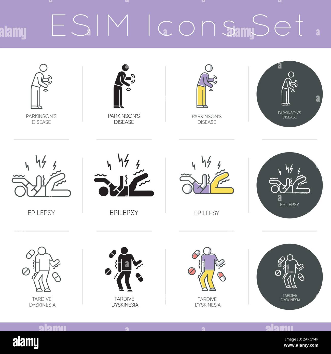 Mental disorder icons set. Parkinson disease. Epileptic stroke and ...