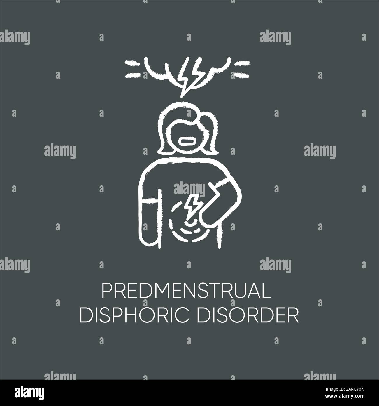 Predmenstrual dysphoric disorder chalk icon. Menstrual cramp. Woman in ...