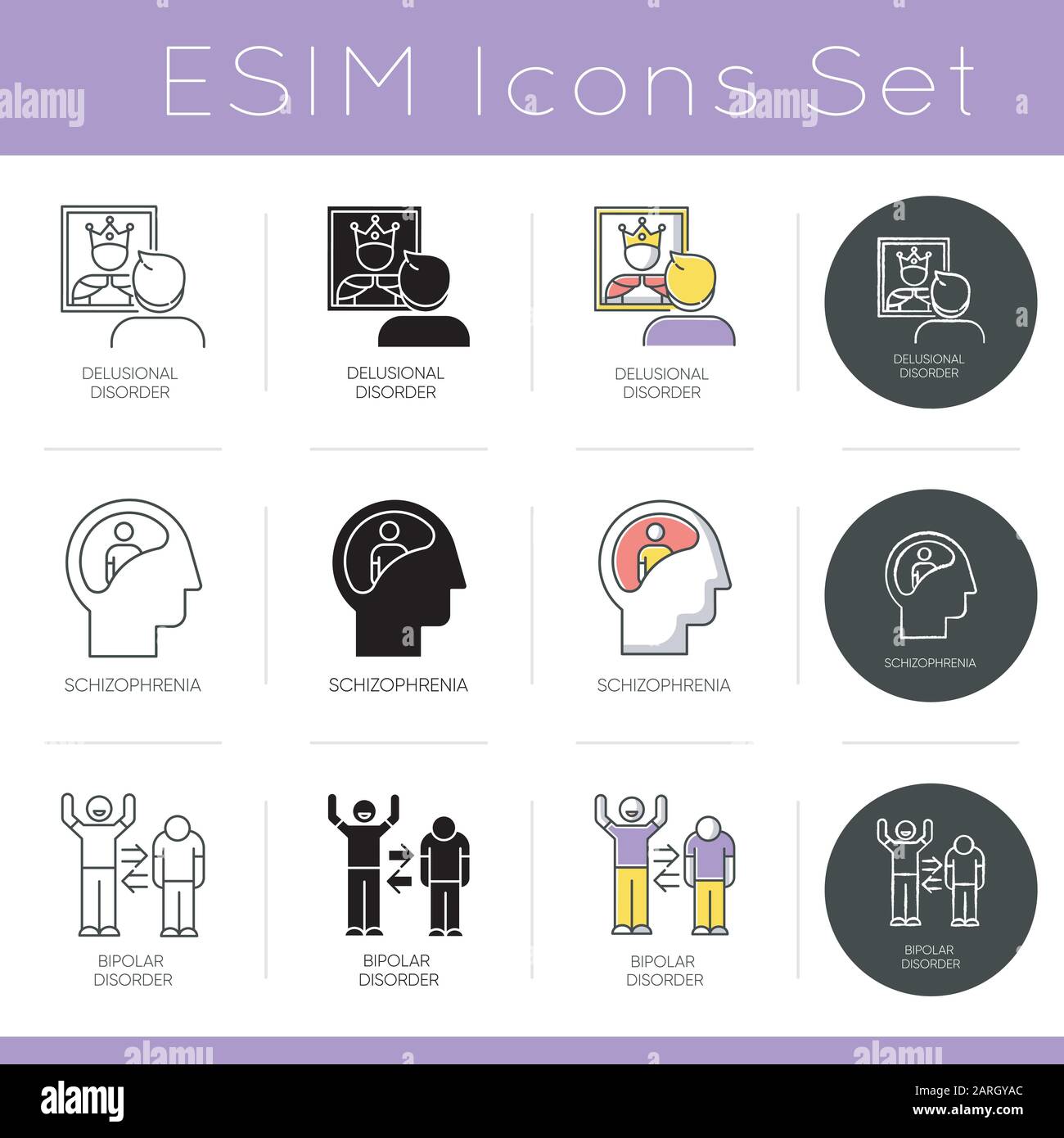 Mental disorder icons set. Delusion and schizophrenia. Bipolar ...