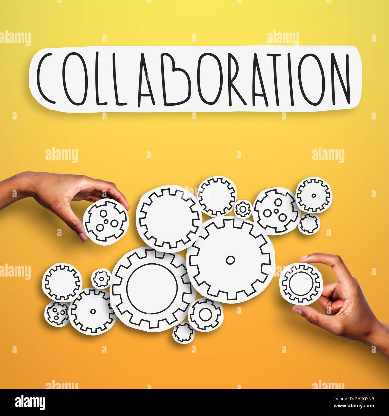 Collaboration lettering and two hands putting gears together Stock ...