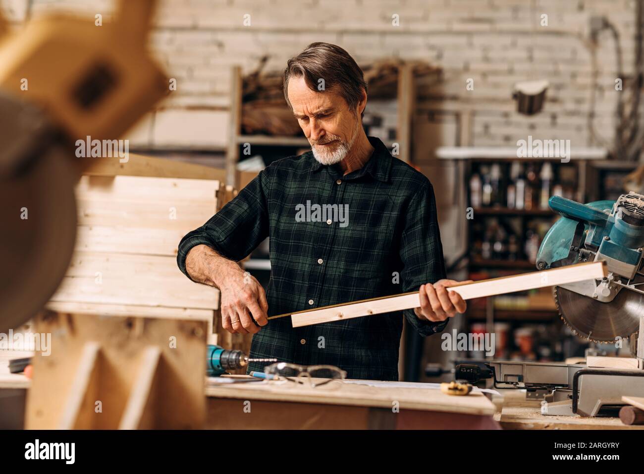 Male carpenter holding a wood plank and looking on measurement tape in ...