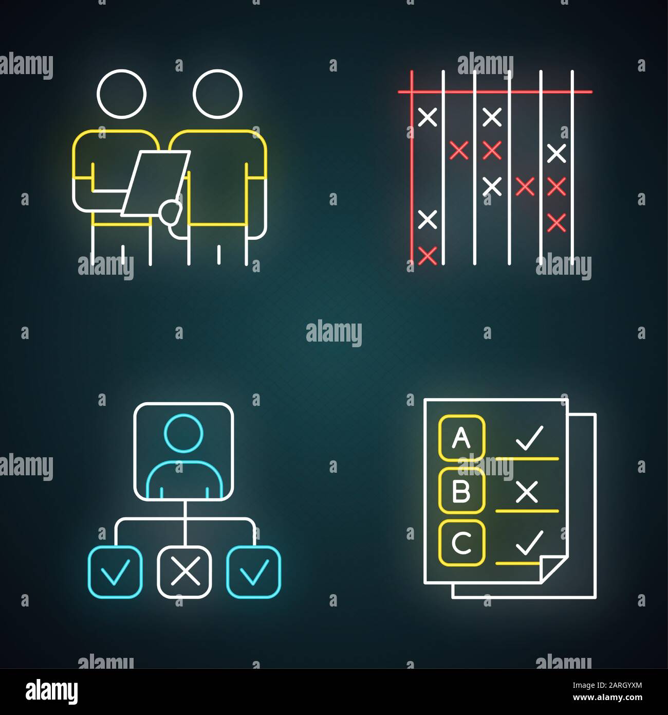 Survey Neon Light Icons Set Interview Questioning Checklist Mark Info Collection And