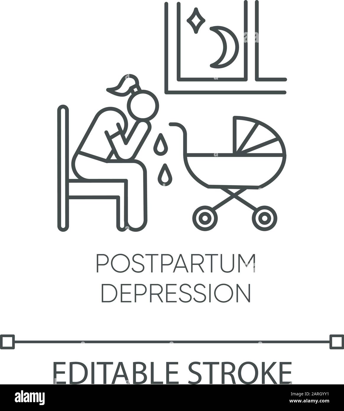 Postpartum depression linear icon. Crying woman. Stress. Tired mother ...