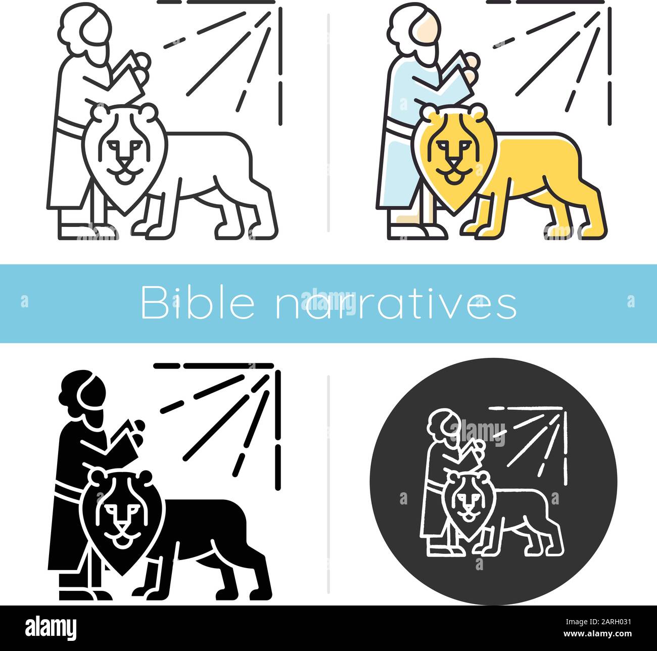 Daniel in lion den Bible story icon. Legendary hero praying. Religious ...