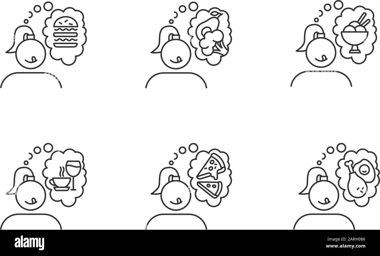 Food craving linear icons set. Woman thinking of unhealthy snack ...