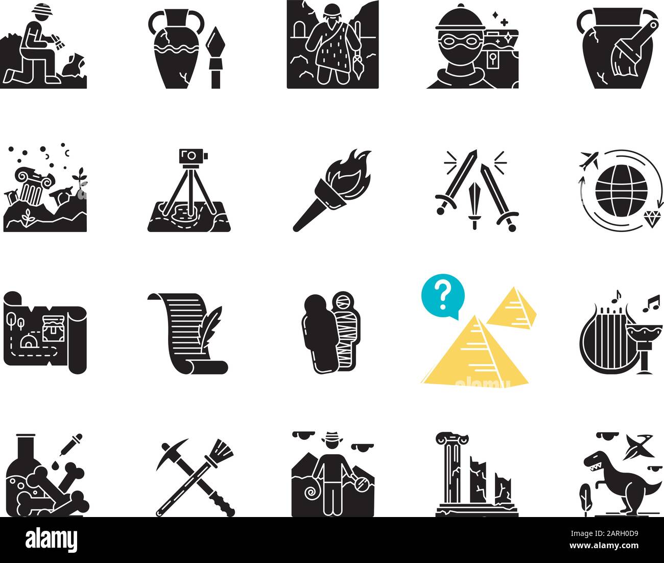 Archeology glyph icons set. Researcher on excavation. Ancient artifacts ...