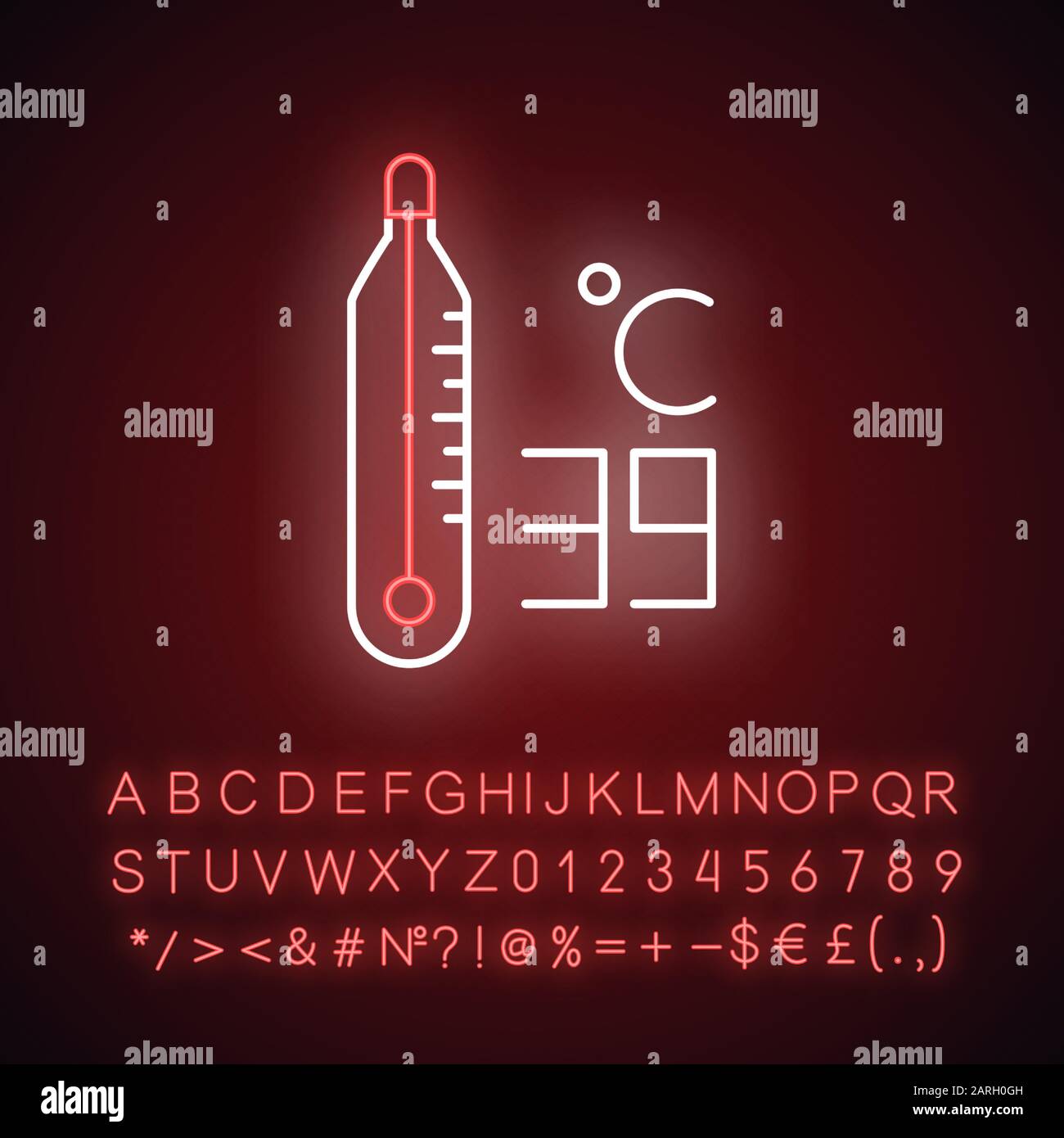 Thermometer neon light icon. High temperature. 39 degree Celcius. Body ...
