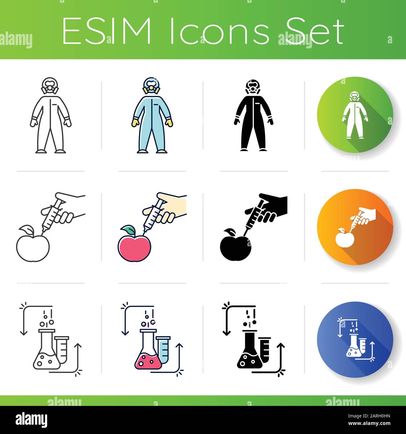Science laboratory experiments icons set. Chemical synthesis. DNA ...