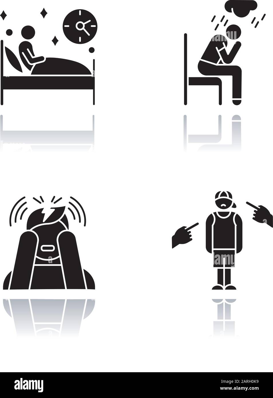 Mental disorder drop shadow black glyph icons set. Sleep deprivation ...