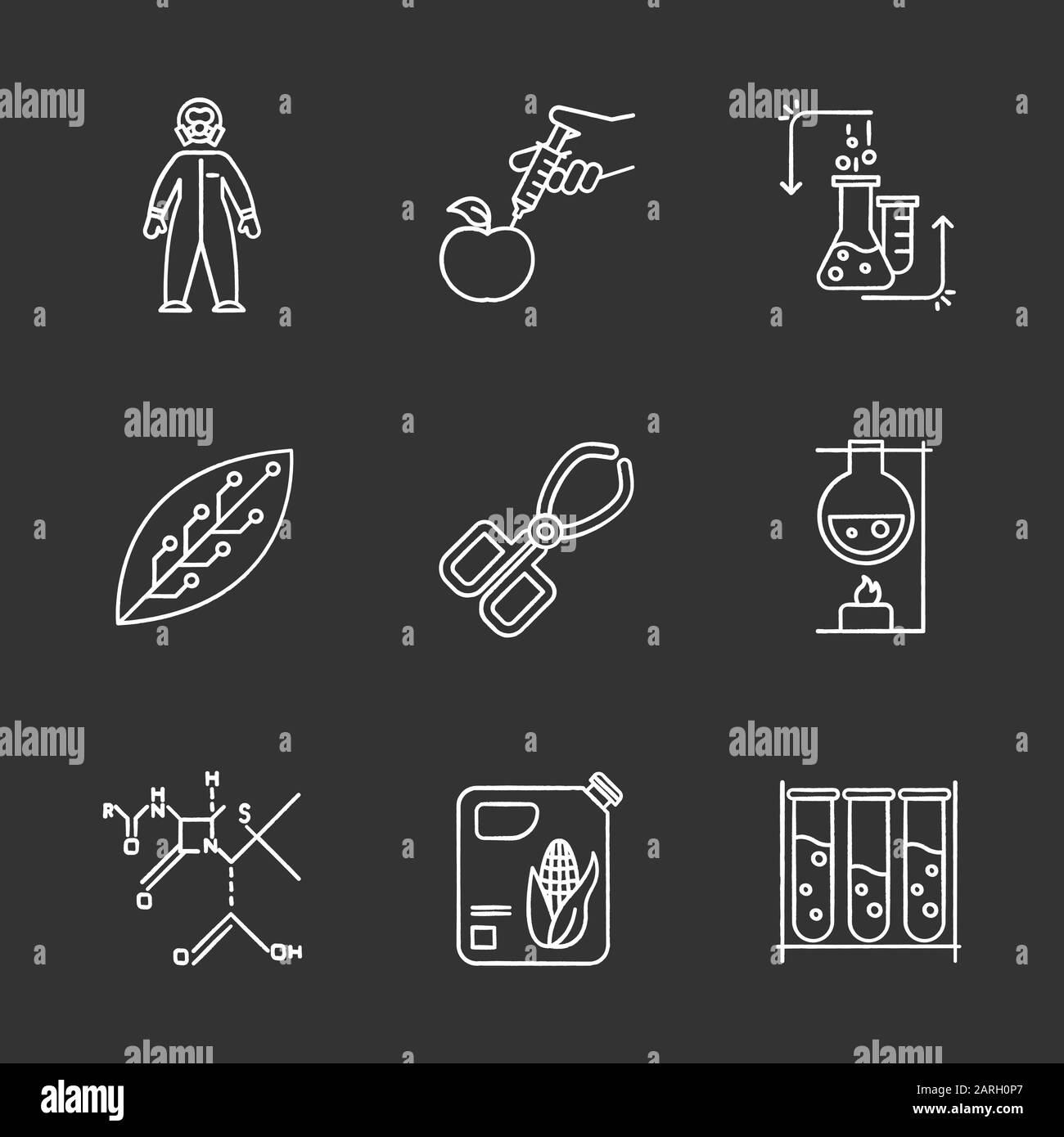 Science development chalk icons set. Biotechnologies equipment ...