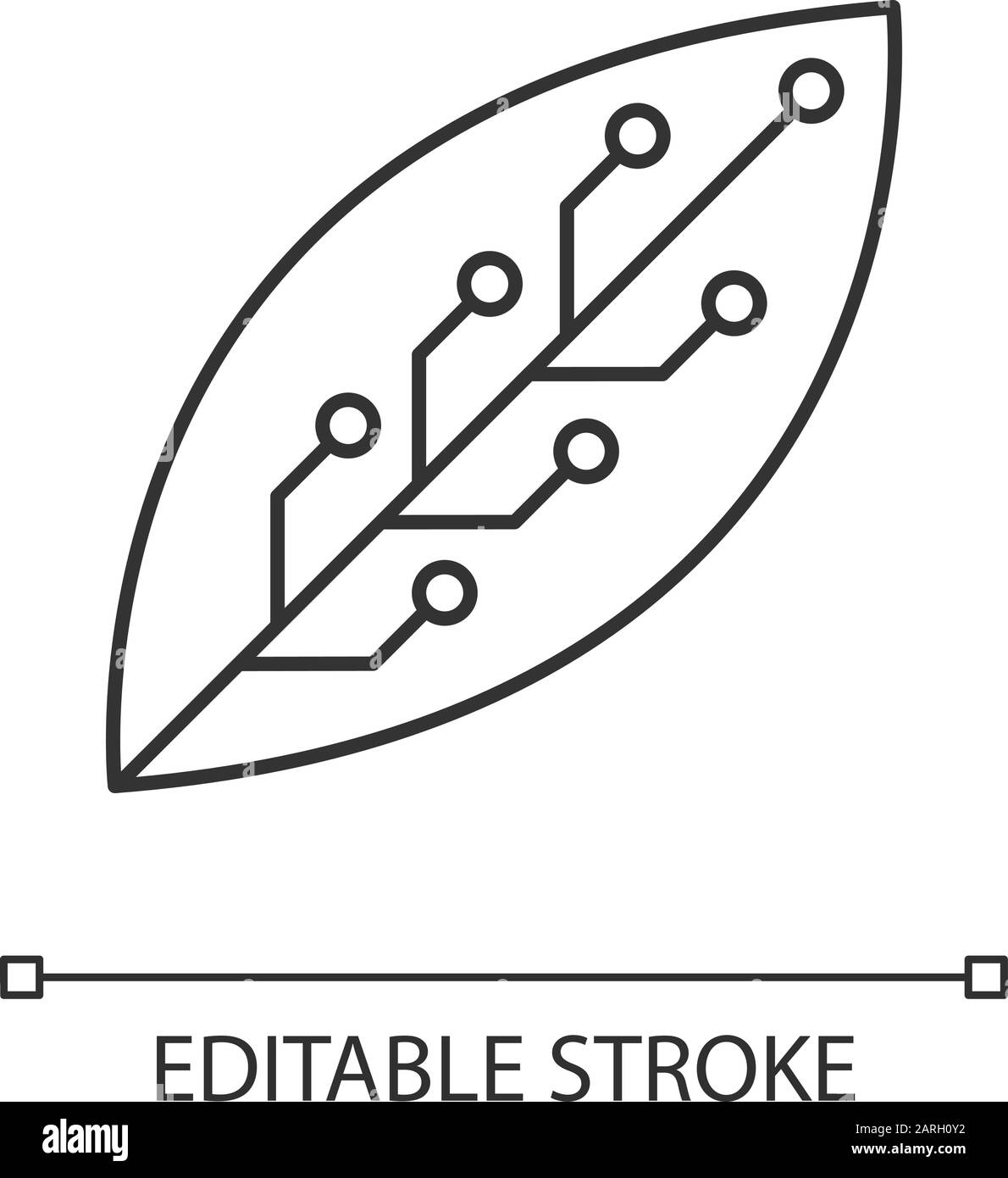 Leaf with microchip linear icon. Smart agriculture. Green information ...