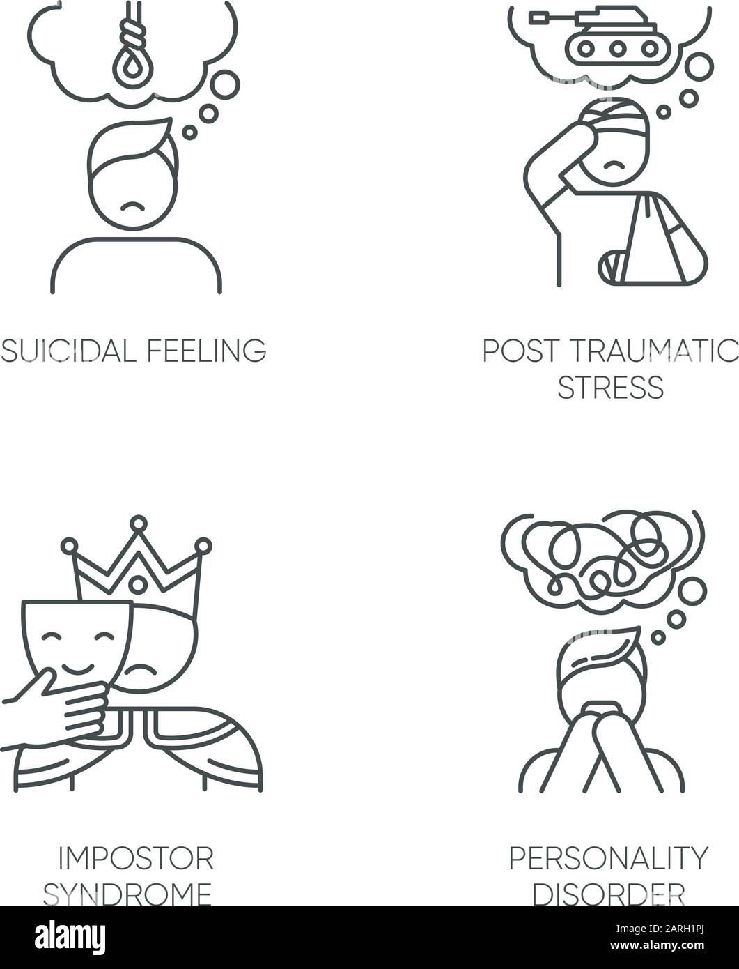Mental disorder linear icons set. Suicidal feeling. Post traumatic ...