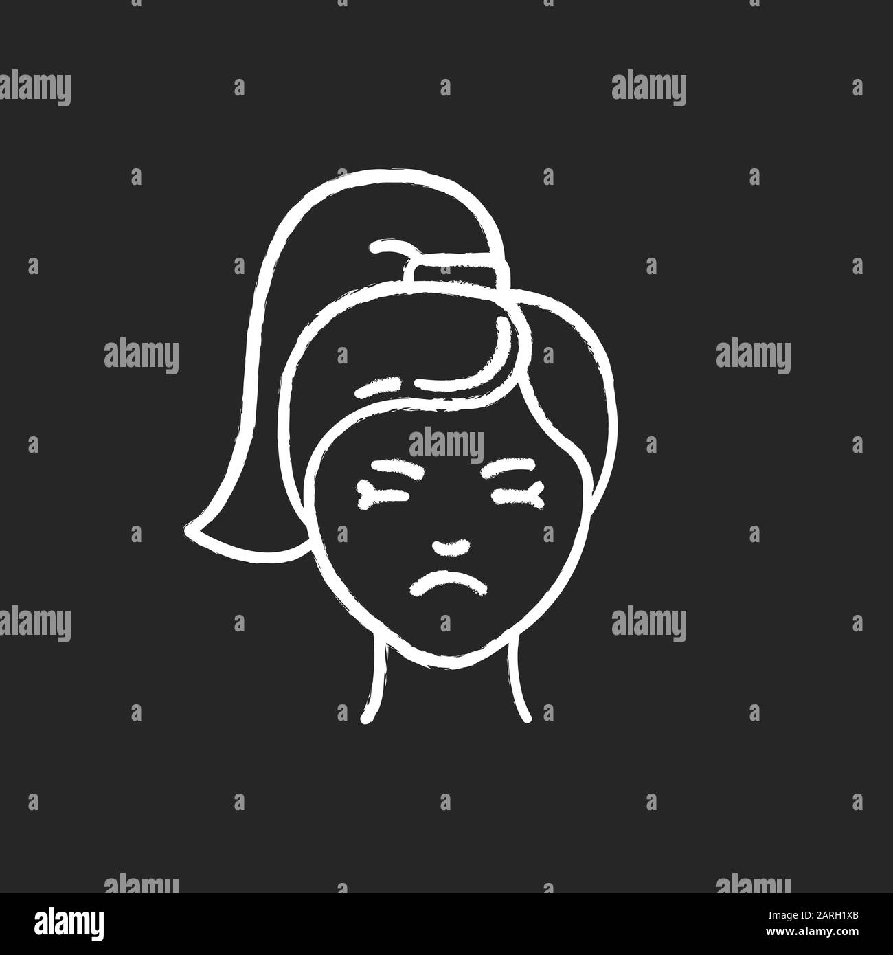 Migraine chalk icon. Girl with headache. Emotional expression on face ...