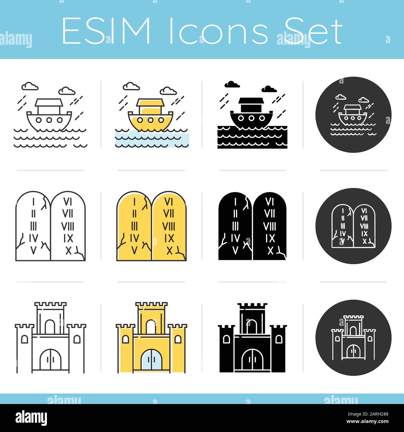 Bible narratives icons set. The flood myth, ten commandments. Religious ...