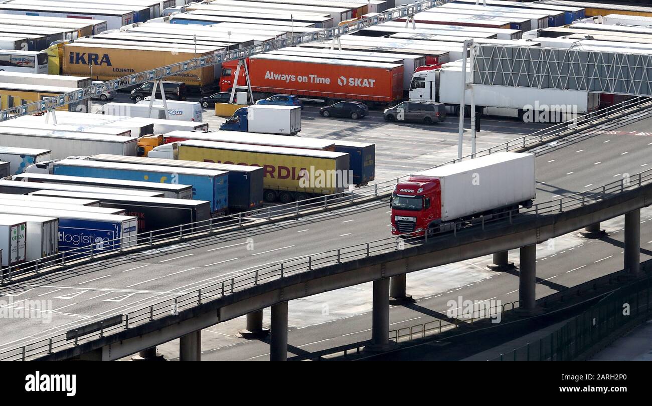 Lorries queue for ferries at the Port of Dover in Kent as the UK ...