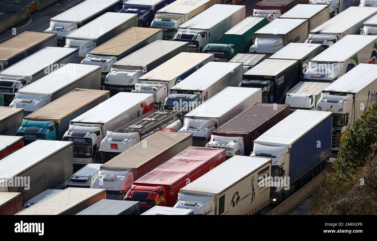 Lorries queue for ferries at the Port of Dover in Kent as the UK ...