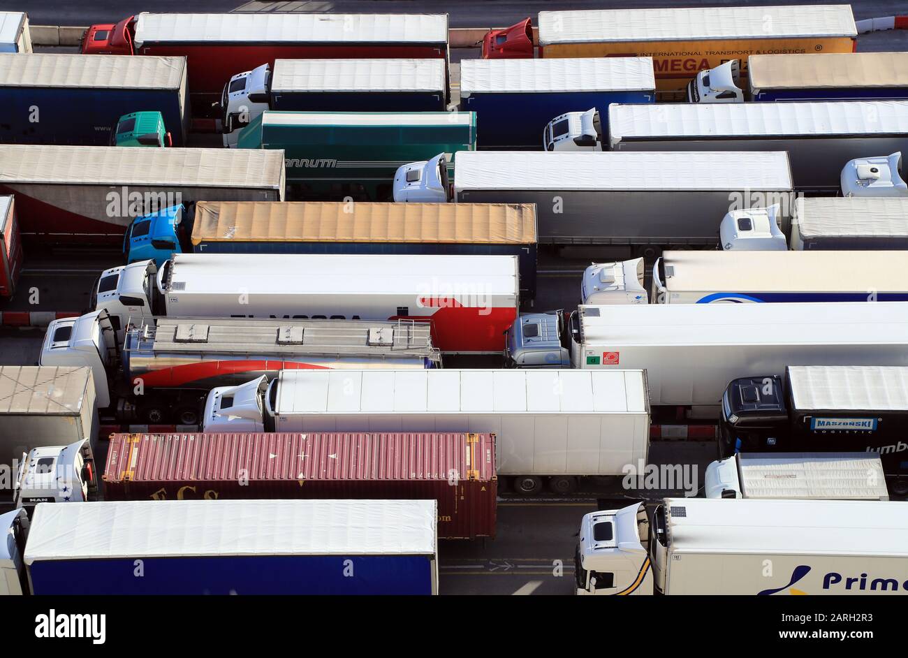 Lorries queue for ferries at the Port of Dover in Kent as the UK ...