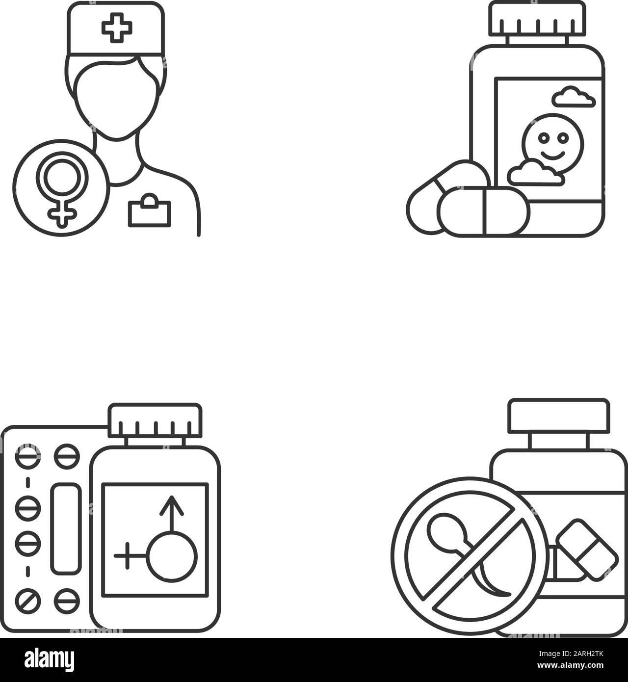 Gynecology linear icons set. Antidepressant pills. Hormone replacement ...