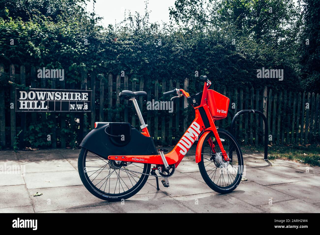 London/UK - 17/07/2019: Dockless Jump electric bike on a sidewalk of a ...