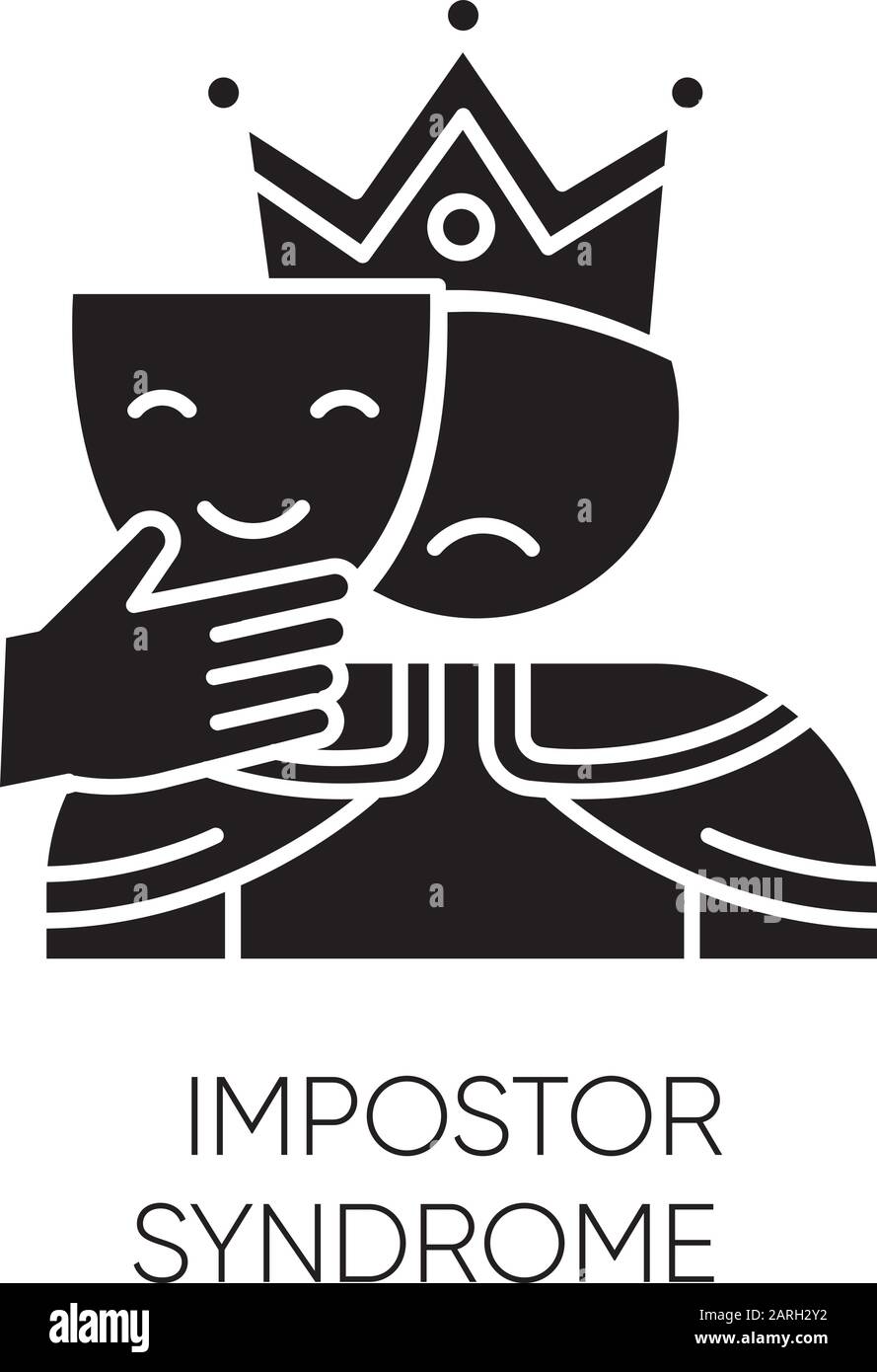 Impostor syndrome glyph icon. Sad man with smile mask. Fraud, doubt ...