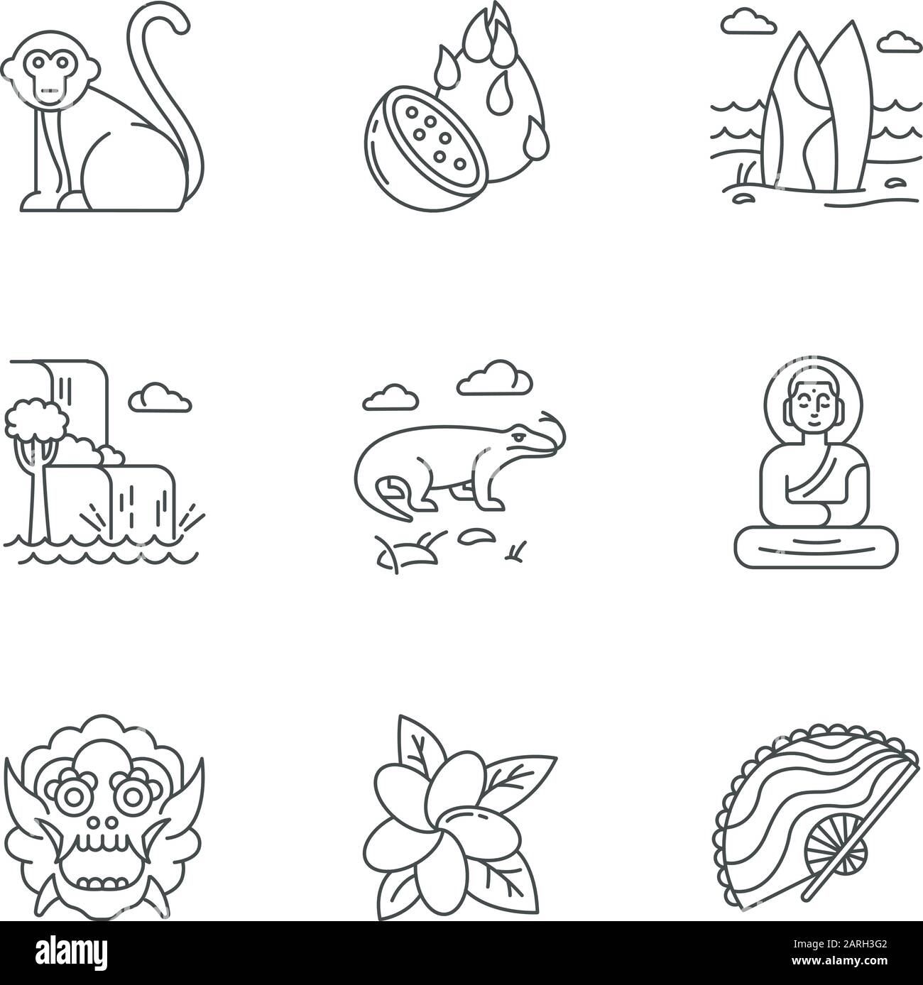 Indonesia linear icons set. Tropical country fauna. Indonesian islands ...